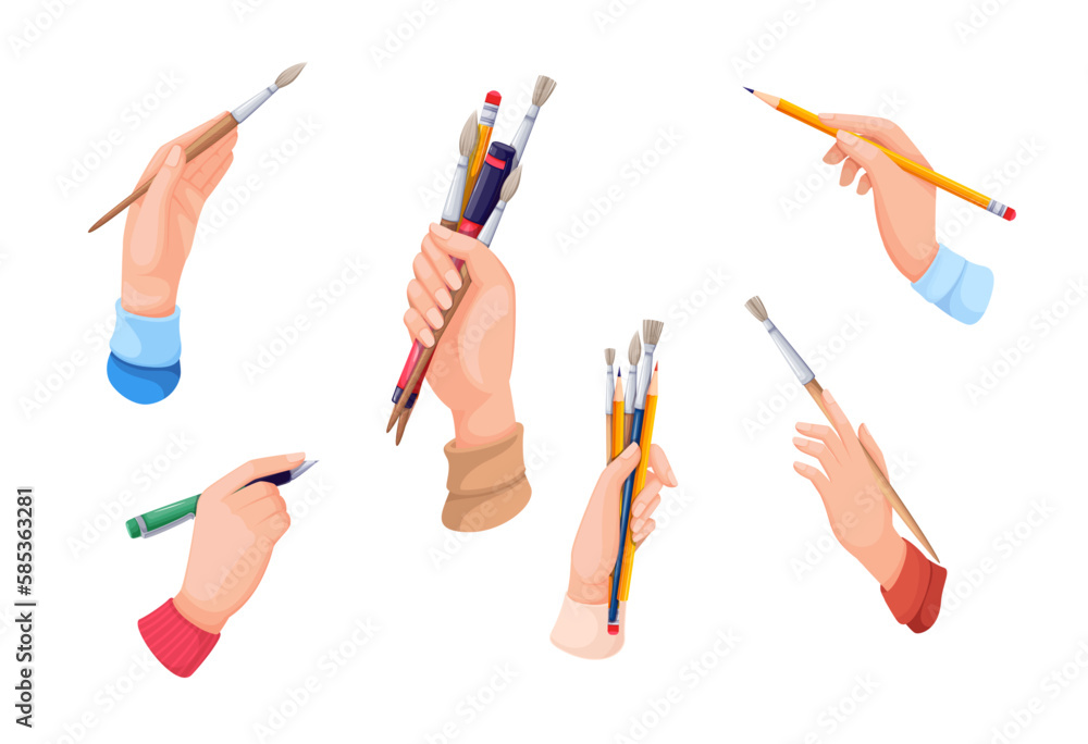 Hands hold artists tools set vector illustration. Cartoon isolated ...