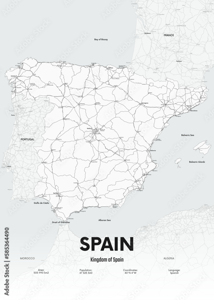 Road map of Spain with major cities, High detail vector poster of ...
