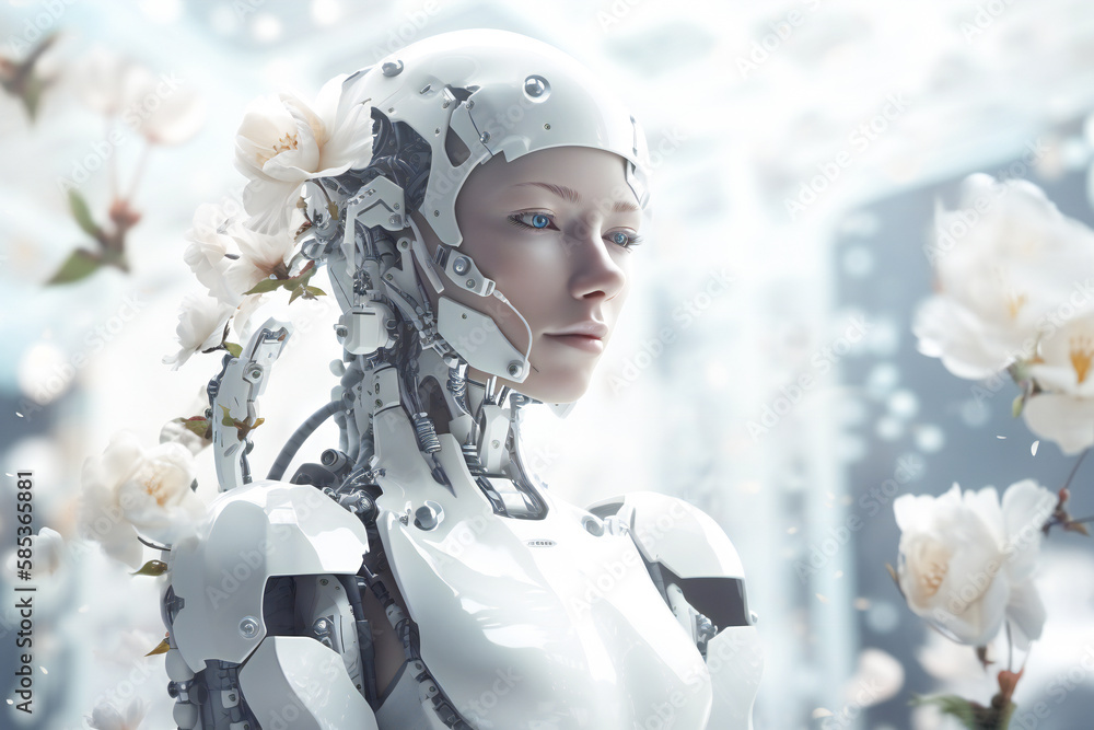 Illustration of a beautiful female white android head. Robotic and ...