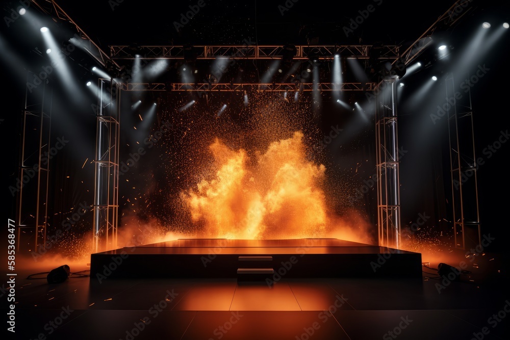 illuminated burning stage background with flames & sparks for product ...