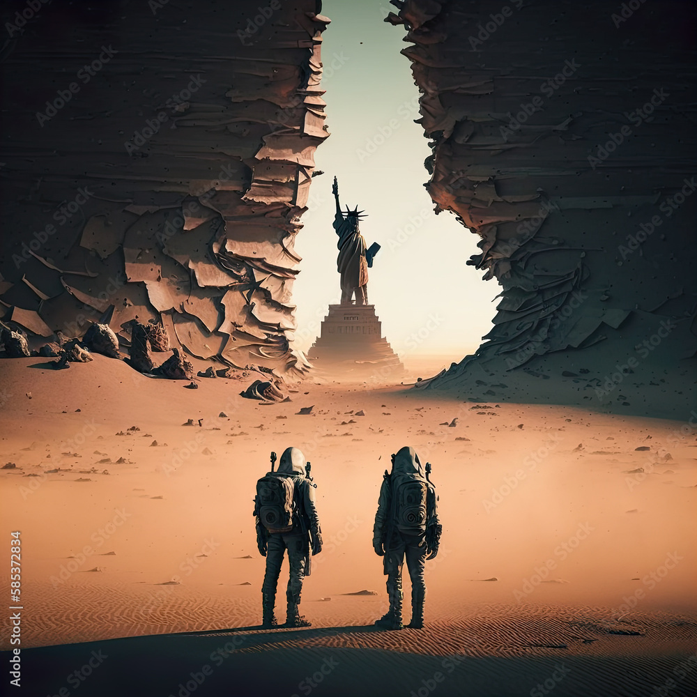 Two explorers in space suits look at the Statue of Liberty rising above ...