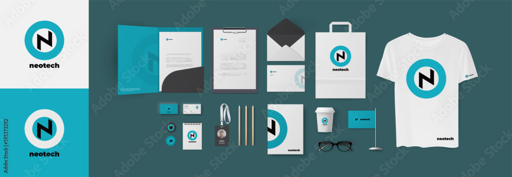 Blue color stationery desing template with circle logo N letter ...