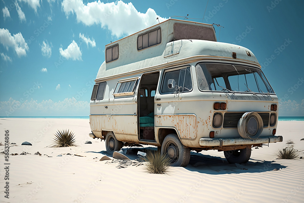 Abandoned old motorhome Camper van. Vehicles on the beach. Digital ...