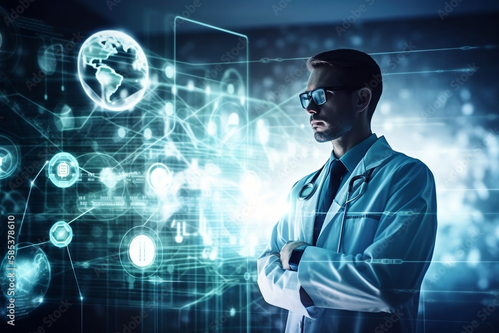 Doctor, icon health and electronic medical record on interface digital ...