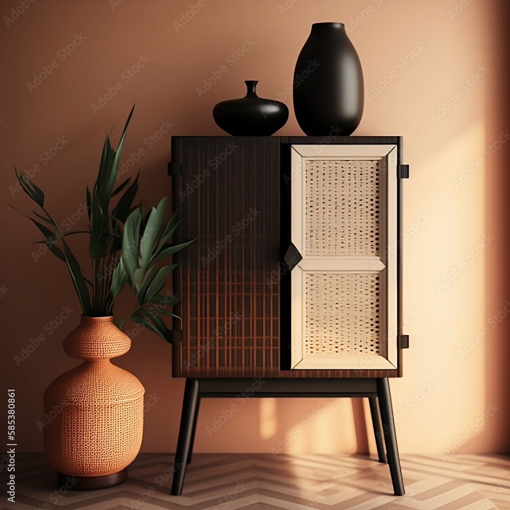 Antique vintage wooden cabinet with rattan door, black steel leg, vase ...