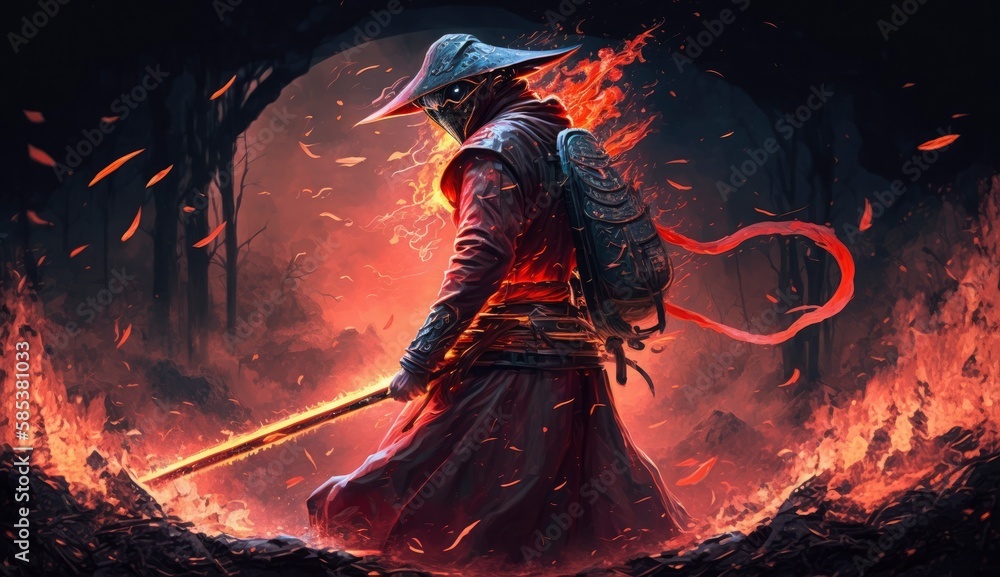 A samurai in a demonic red mask on the battlefield makes a swing with a ...