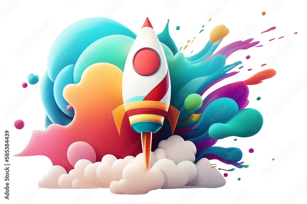 Shuttle launch 3D rocket in space and clouds Business startup and business growth concept ...