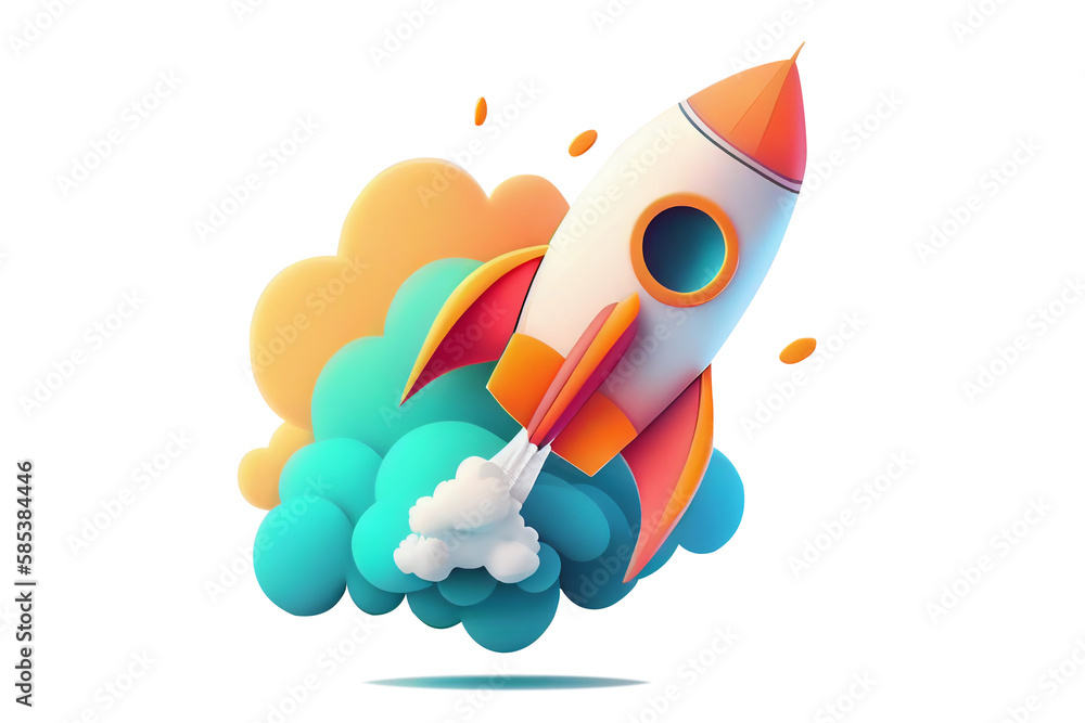 Shuttle launch 3D rocket in space and clouds Business startup and business growth concept ...