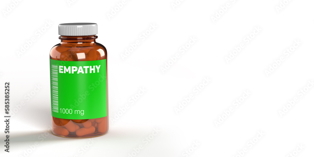 Green EMPATHY medicine pills in vial with barcode on white background ...