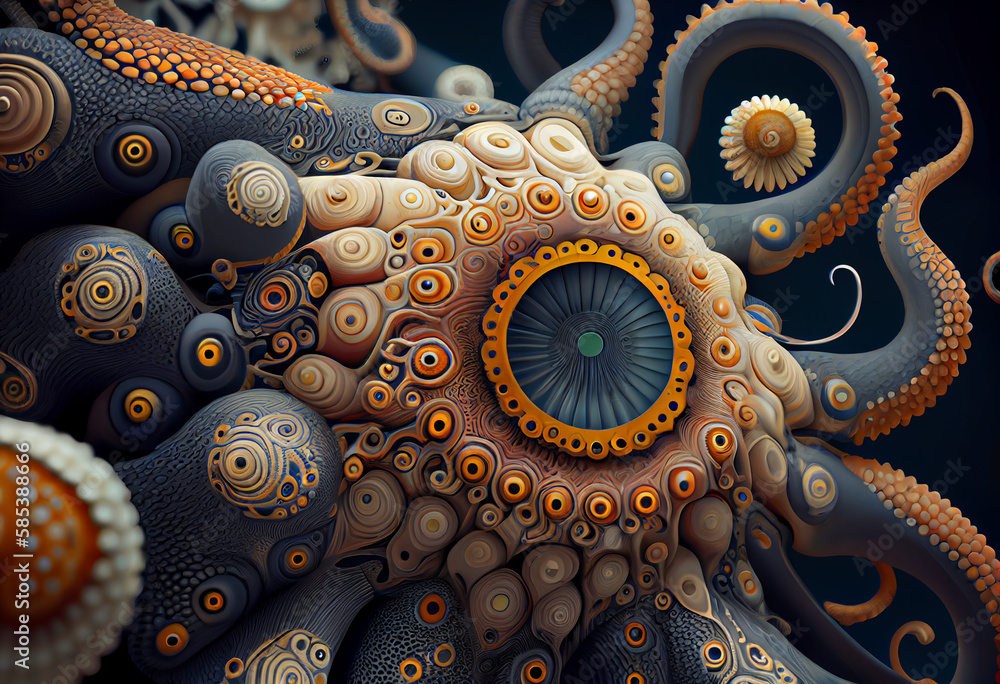 A complex, multi-layered pattern of interlocking shapes that resembles ...