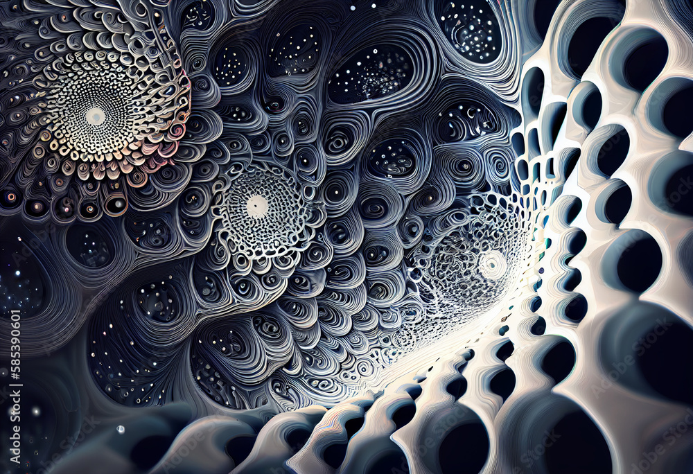 A complex, multi-layered pattern of interlocking shapes that resembles ...