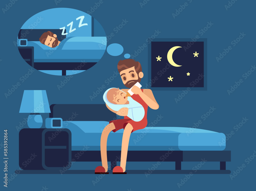 Exhausted father feeds newborn baby and struggles with lack of sleep ...