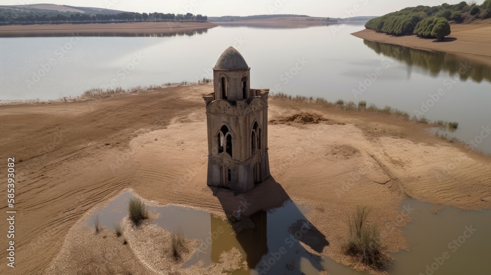 Picture of the ruins of a church in a drought-stricken reservoir ...