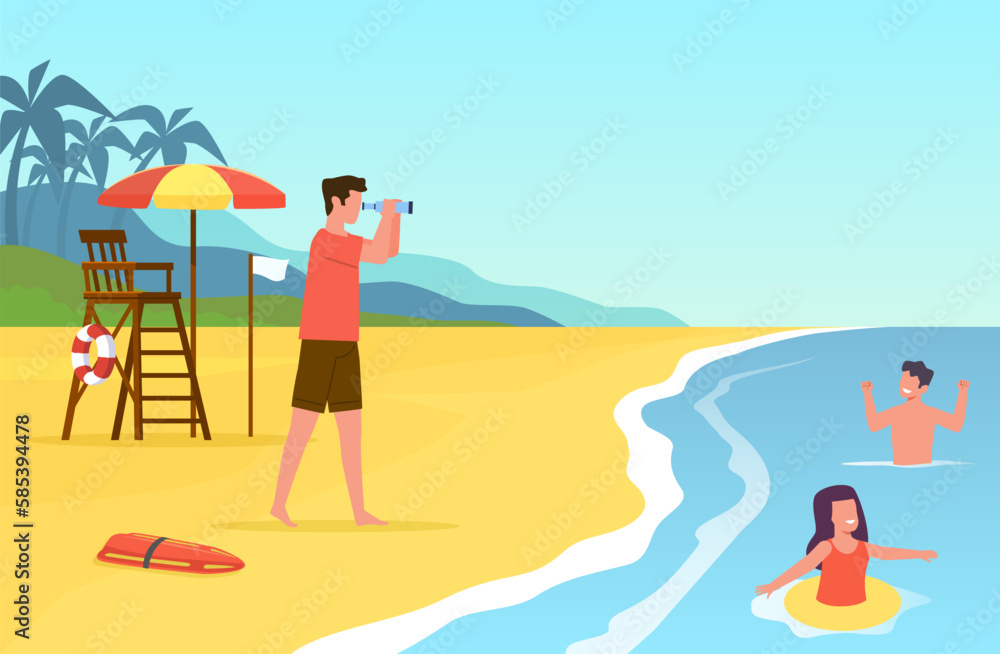Lifeguard on beach observes children through binoculars, ensuring ...