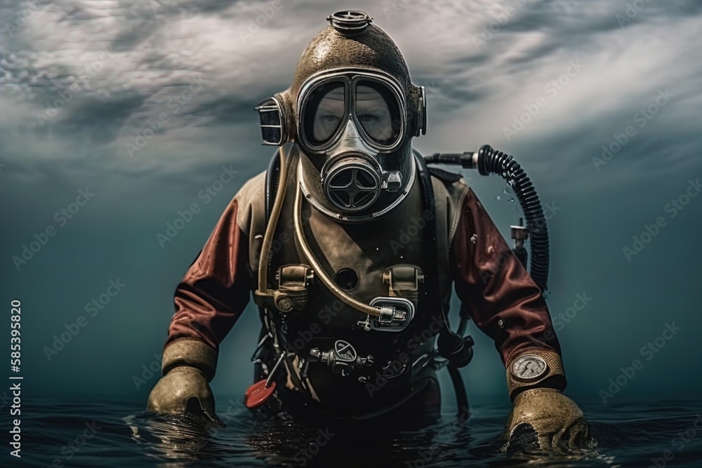 Deep sea diver. Underwater scene. Scuba. Pressure suit. Stock ...