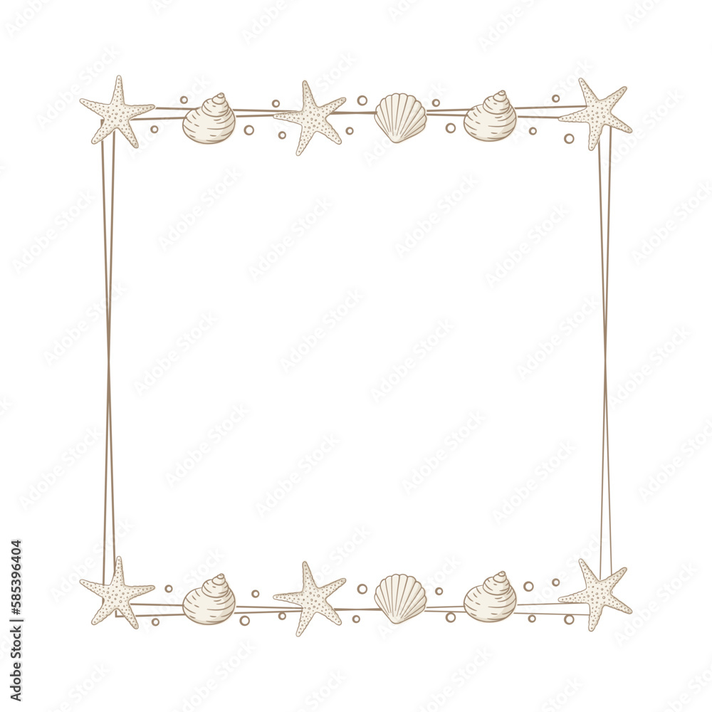 Square seashells frame. Sea and ocean design vertical template. Vector ...