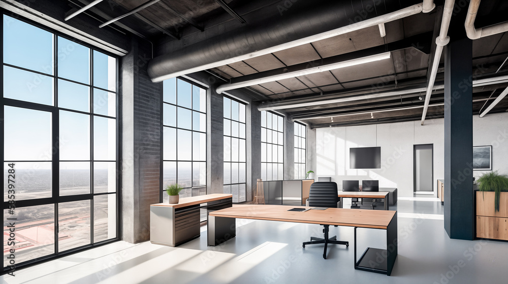 The modern interior of an office workspace or open space is decorated ...