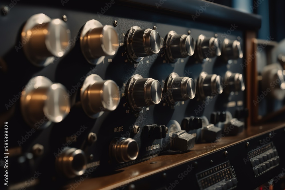 Od adjusters and red buttons of a mixing console. It is used for audio ...