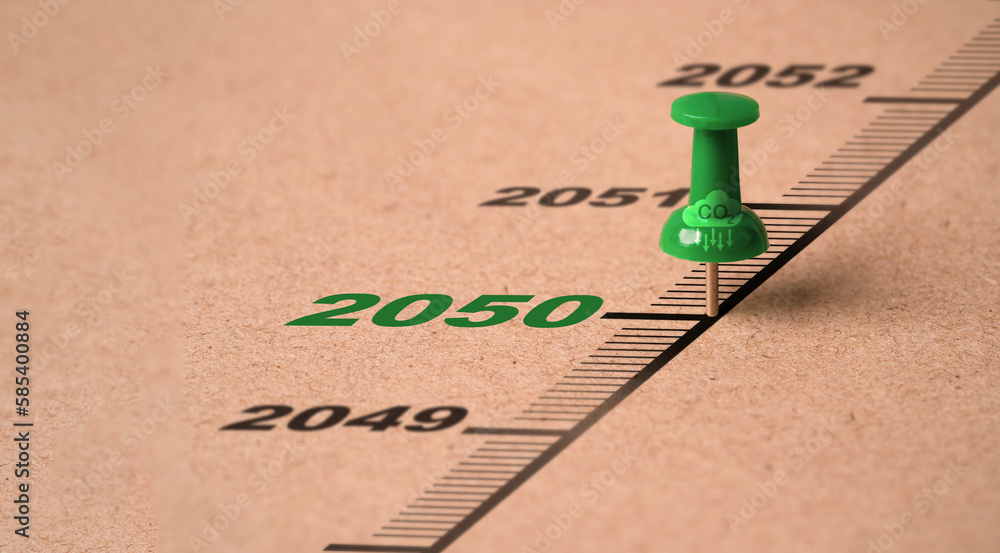 Foto de Green pin on 2050 year from Kyoto Protocol with CO2 reducing ...