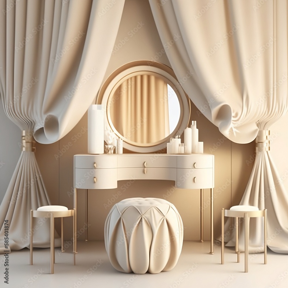 Empty modern, minimal beige dressing table, gold handle drawer storage ...