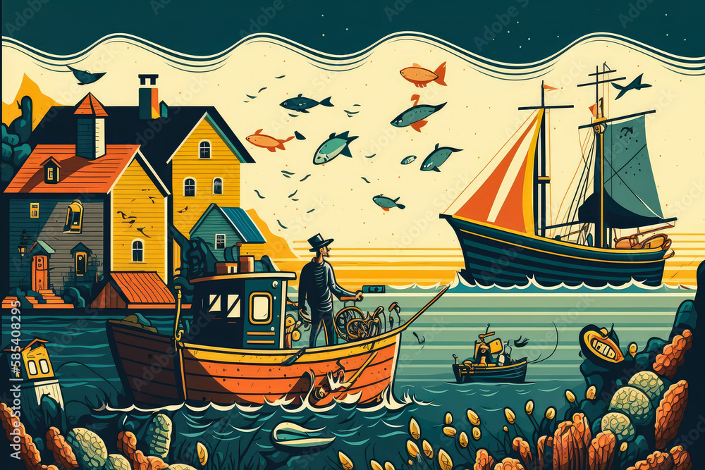Fisherman's Village vector style Illustration of a Coastal Community ...