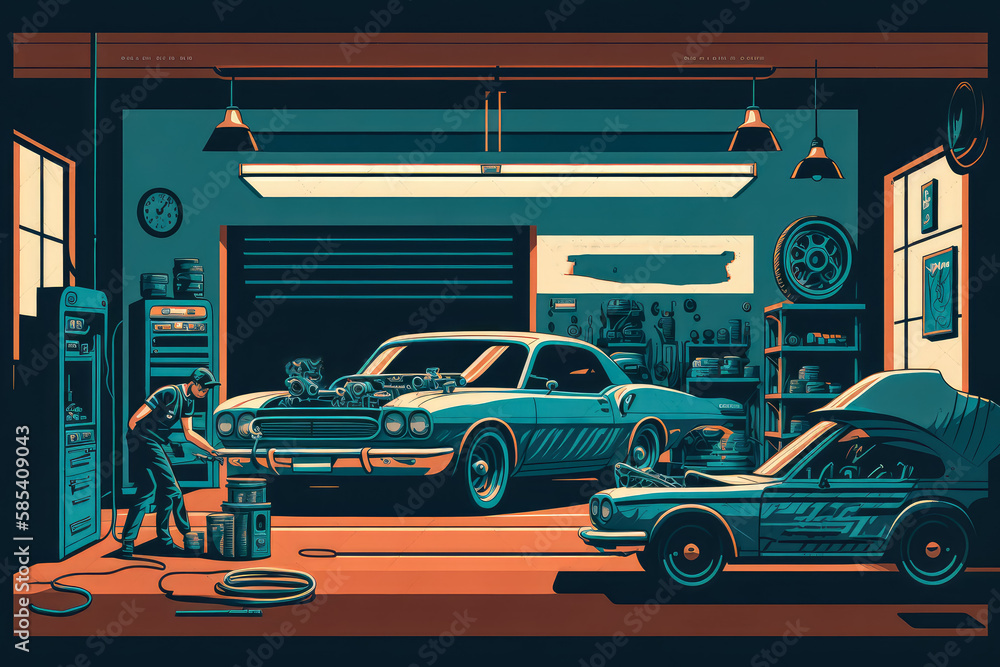 Illustrated vector style artwork of a car repair shop with a team of ...