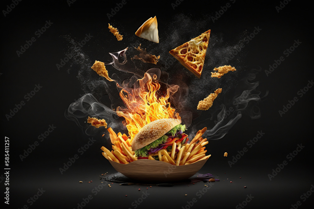 Levitation unhealthy and junk food splash, Assortment of take out and ...