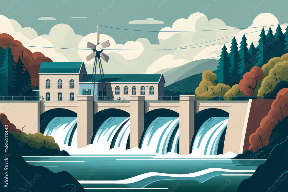 Powering the Future vector style Illustration of a Hydroelectric Dam ...