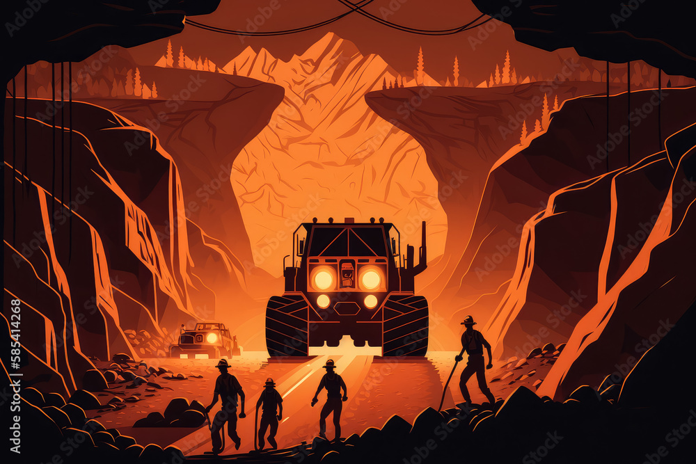 vector style illustration of a mining operation in an underground ...