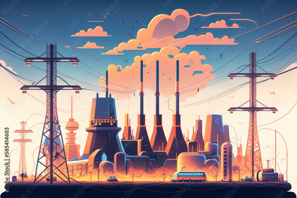 vector style power plant with a network of high-voltage electricity ...