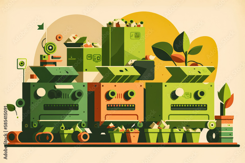 Whimsical vector style illustration of a recycling center with sorting ...