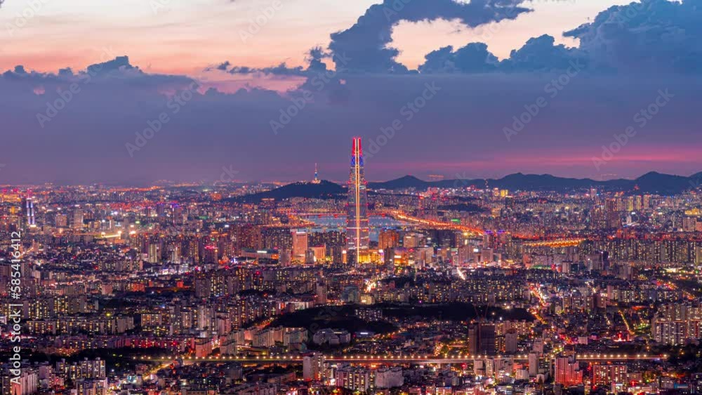 Time lapse 4k South Korea skyline of Seoul, Top view Sunset of Seoul ...