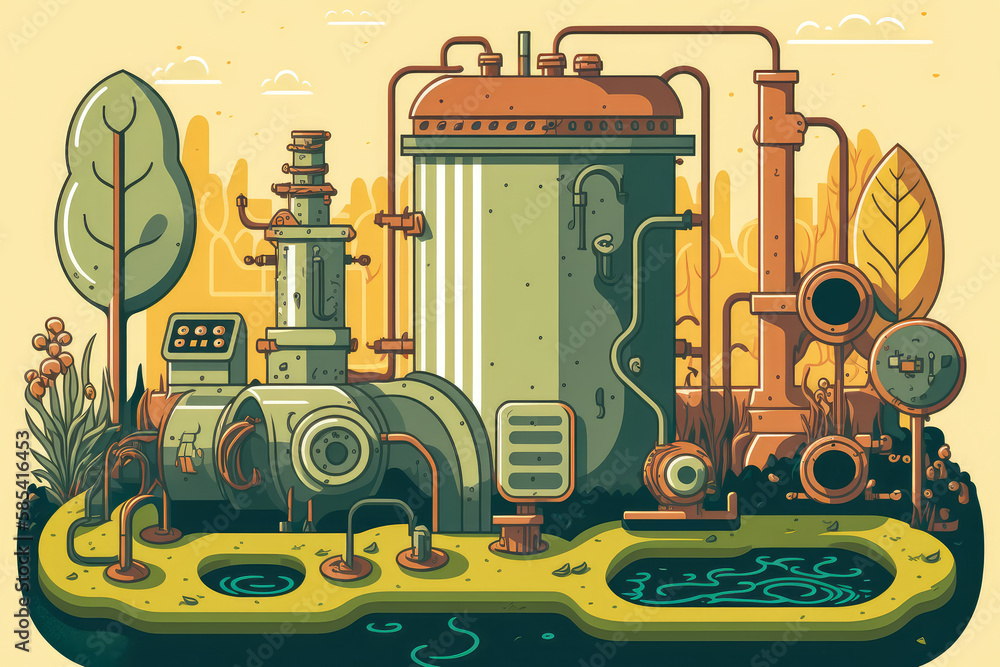 cartoon-style vector style illustration of a wastewater treatment plant ...