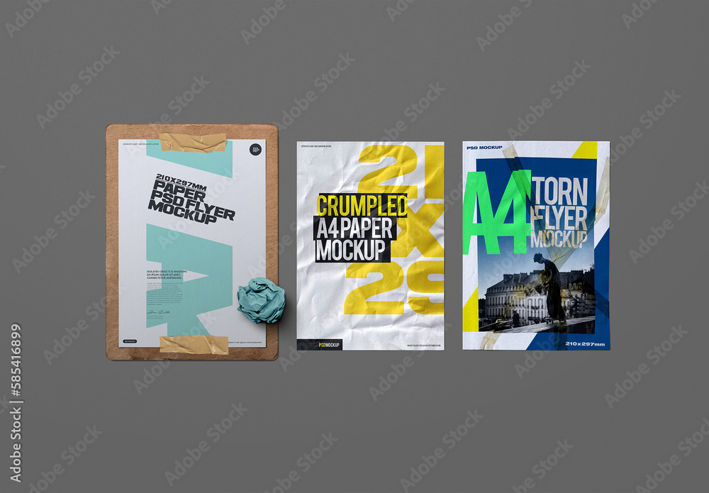 Flyer Mockup A4 Crumpled Torn Adhesive Tape Kraft Board Stock Template ...