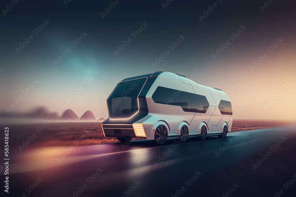 Futuristic self-driving cyber van on the road with motion blur and copy ...
