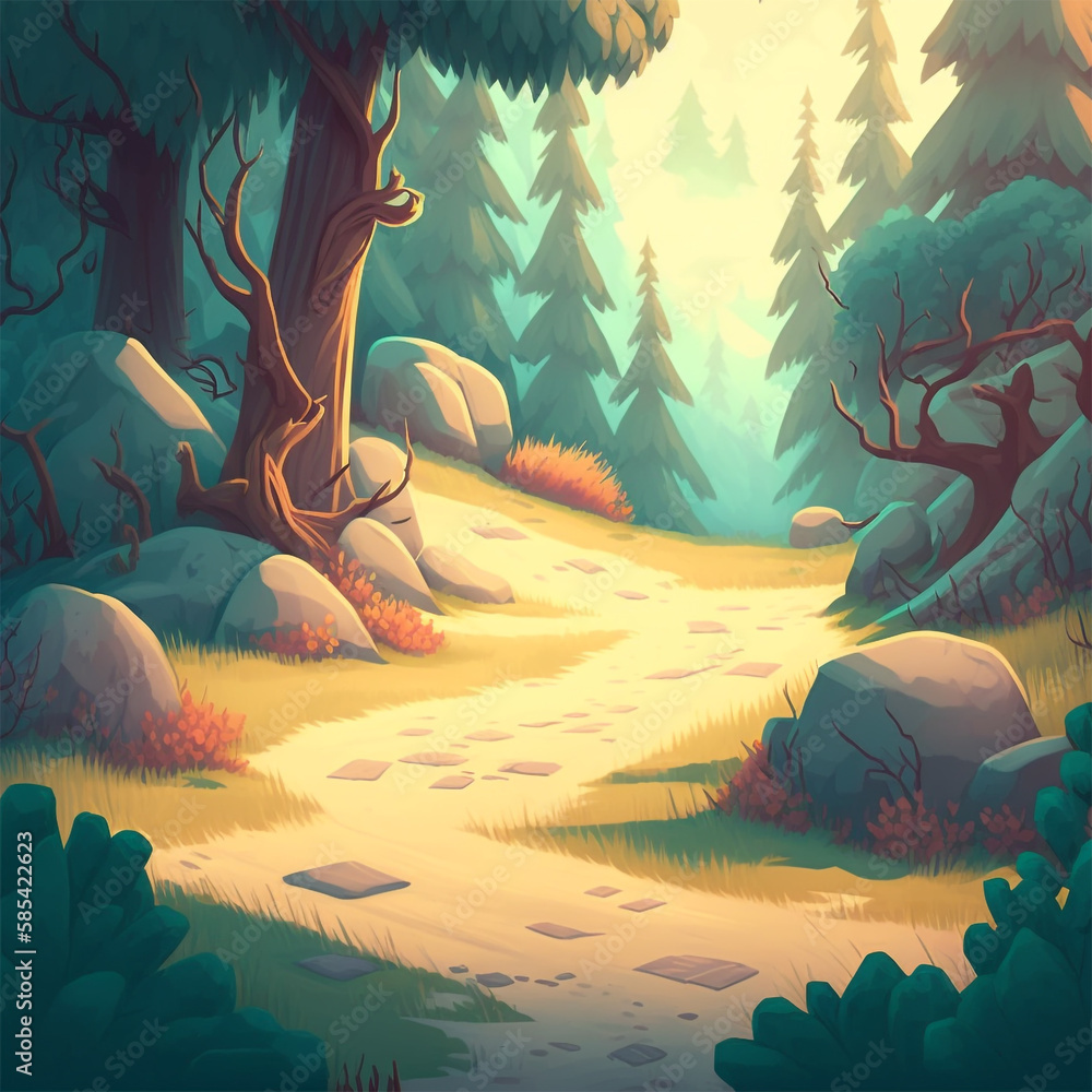 country road nature scene of forest And a big tree in the middle ...