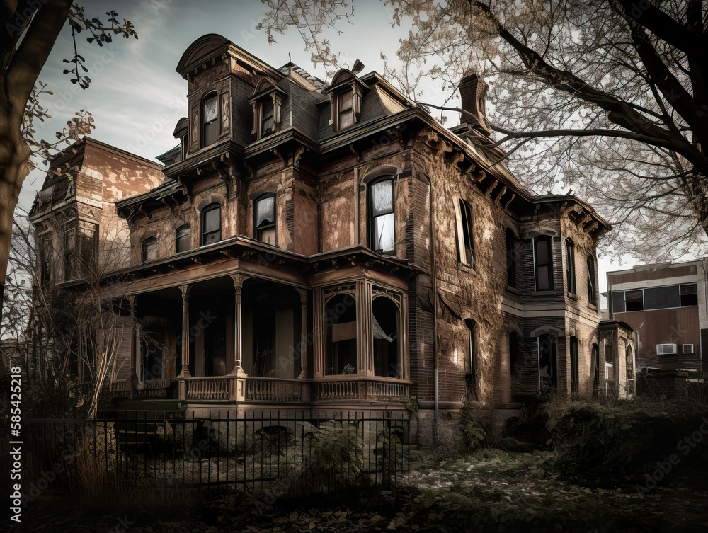 Desolate Victorian Mansion with Boarded-Up Windows and Ghostly Presence ...