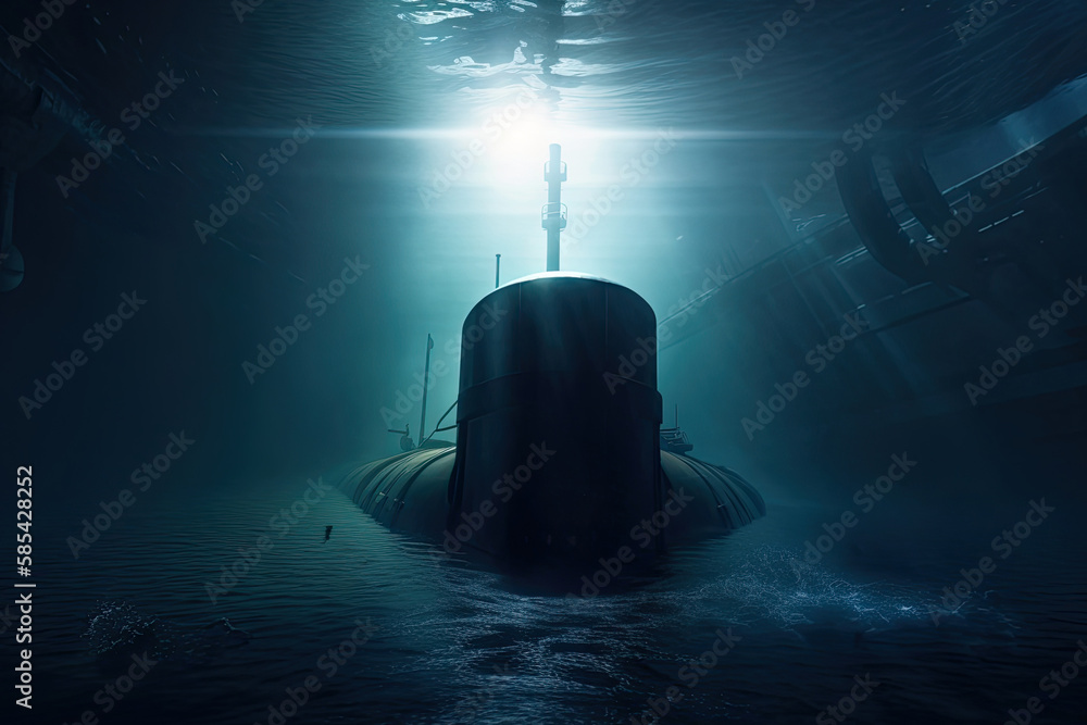 Military submarine in the sea. Floating vessel under water. Created ...