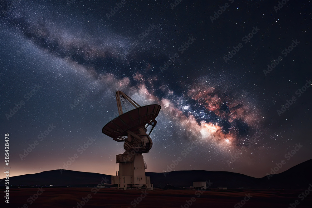 Radio telescope at starry night with milky way galaxy. Antenna for of ...