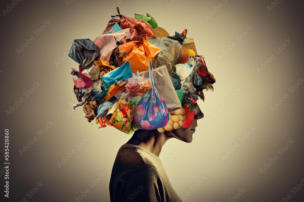 Woman with head made of of different goods. Concept of shopaholism and ...