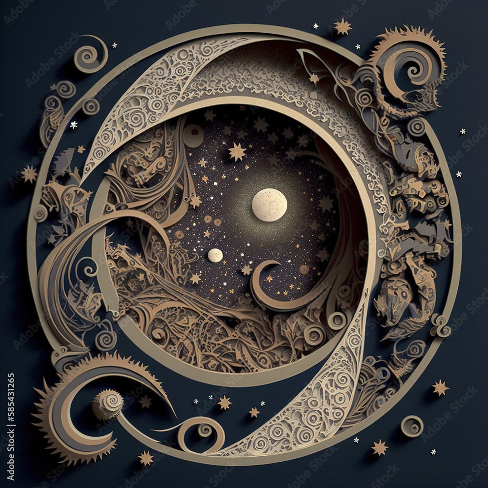 Multidimensional paper cut illustration starry night with glowing ...