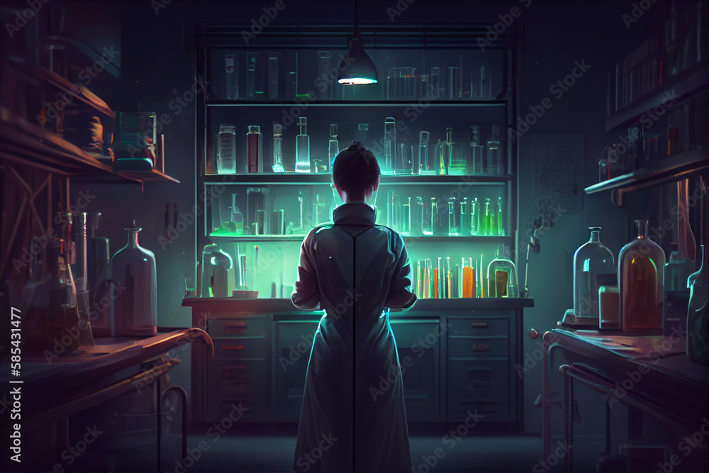 Cartoon style woman working at scientist laboratory standing backwards ...