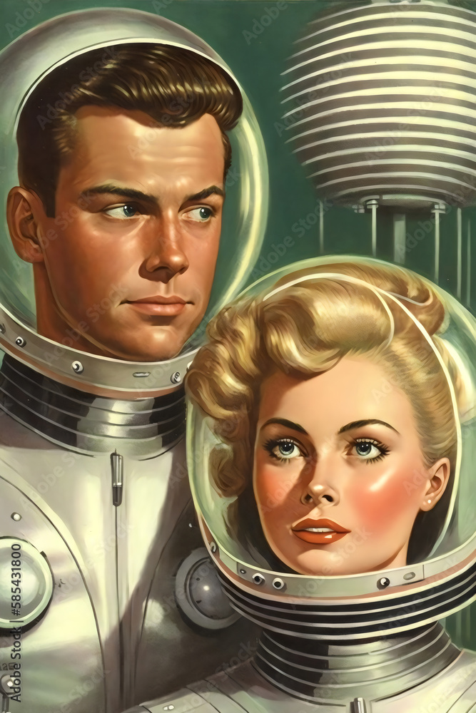 vintage sci-fi painting of male and female astronauts in helmets on ...