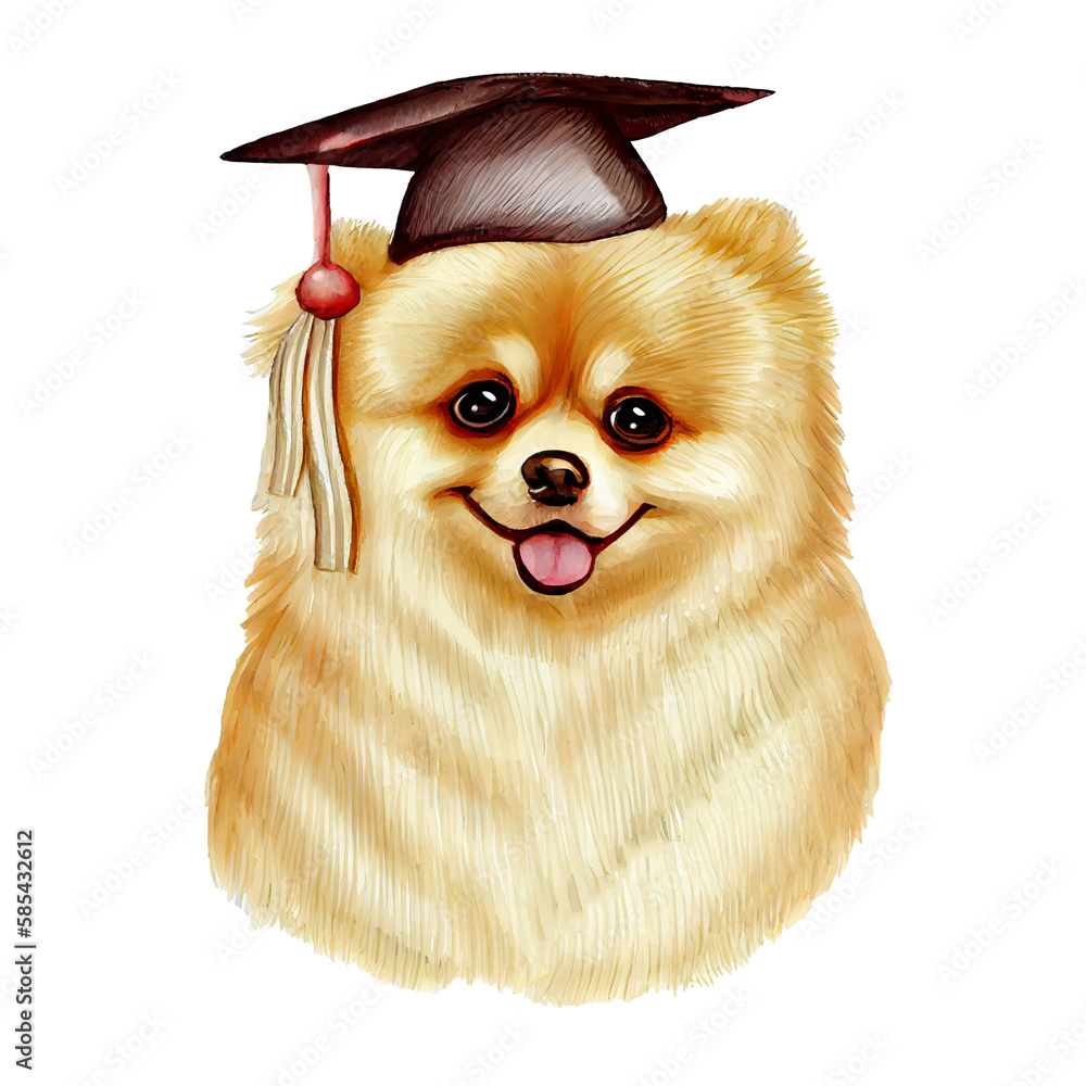 Dog in graduation cap. Happy pomeranian spitz graduating college or ...