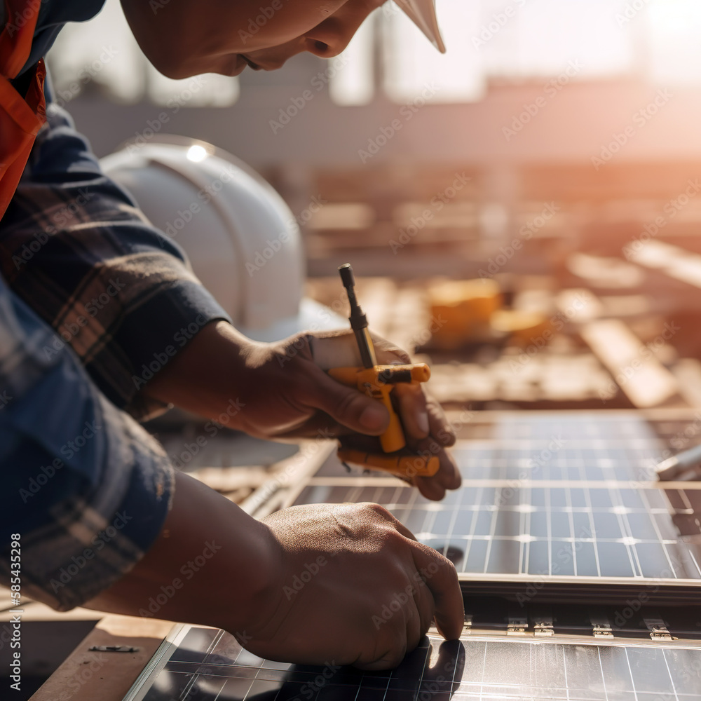 Engineering hand in the construction of solar panels for renewable ...