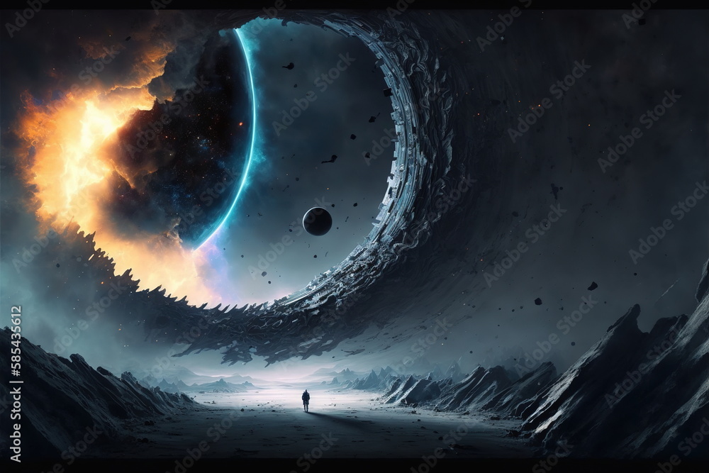 Spaceman travel through the space with mysterious sci-fi fantasy portal ...