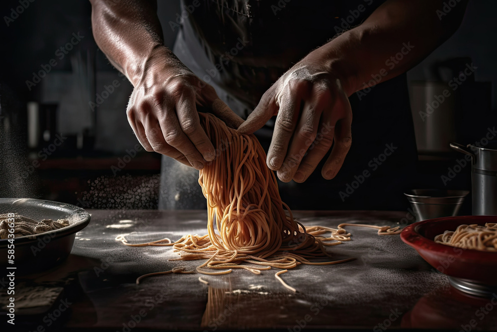Chef hands cooking classic italian spaghetti pasta and adding seasoning ...
