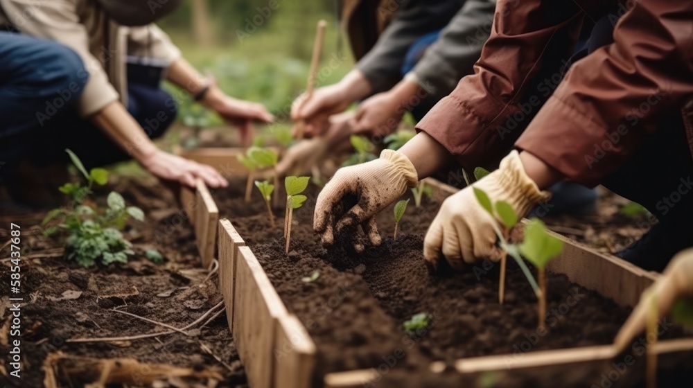 People hands planting trees or working in community garden promoting ...