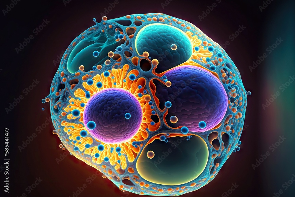 Cell with two nuclei and membranes in process of cell division, created ...