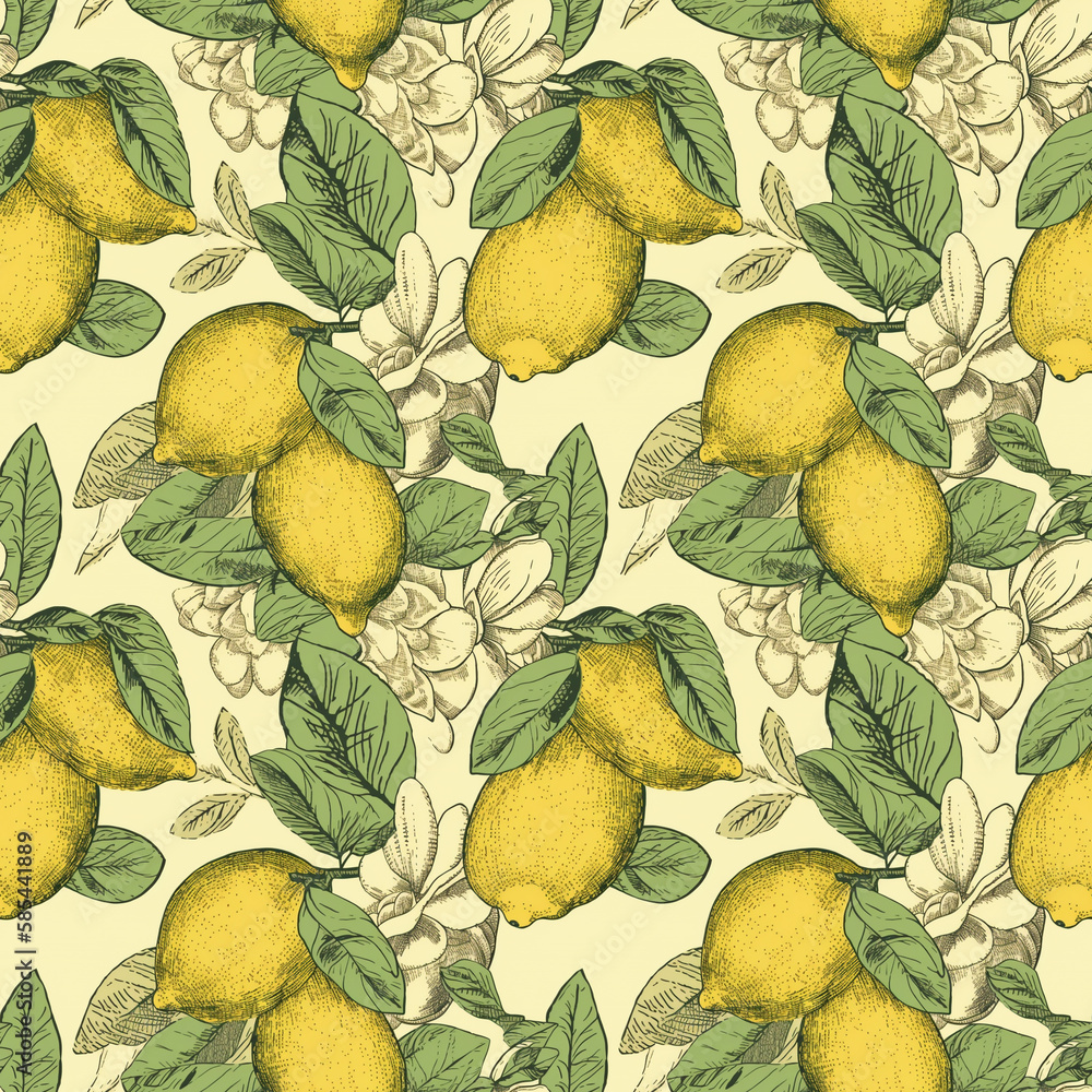 Seamless pattern of Retro lemons with leaves. lemons background ...
